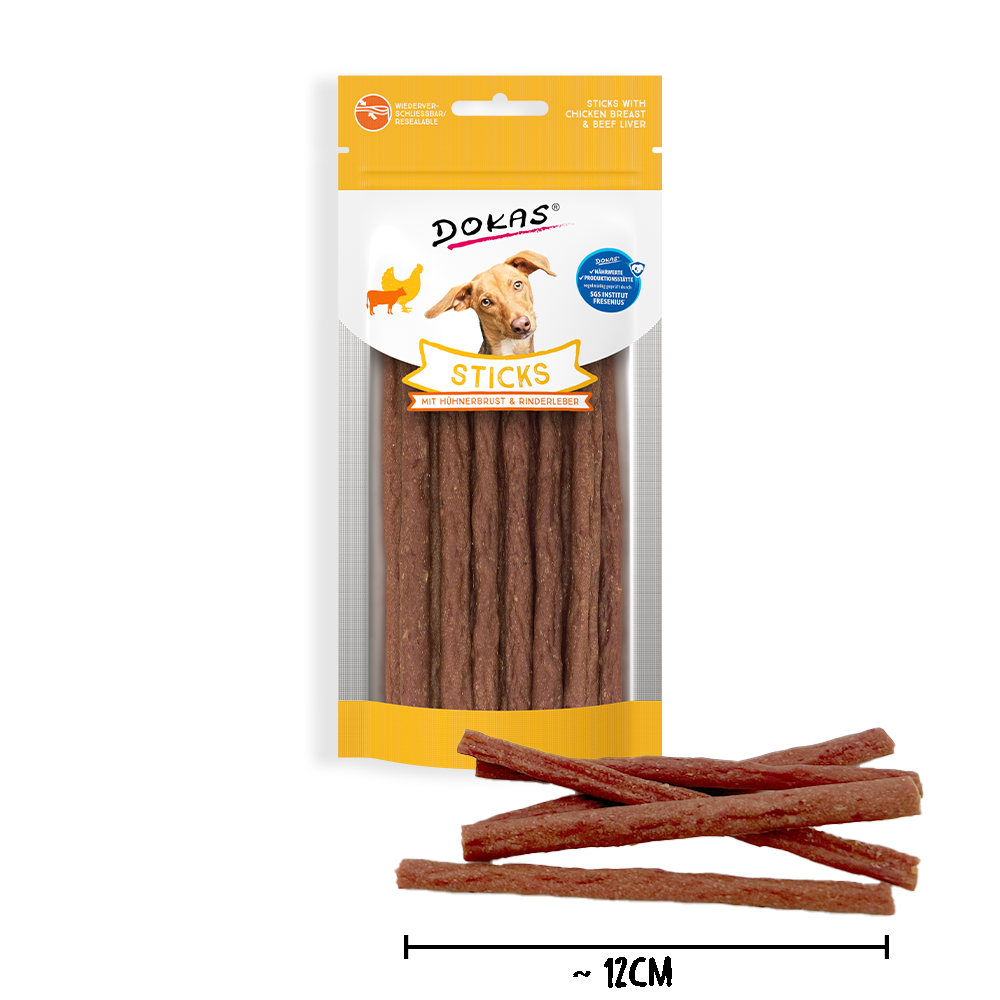 Palitos de pechuga de pollo e hígado de res, 60 g - DOKAS